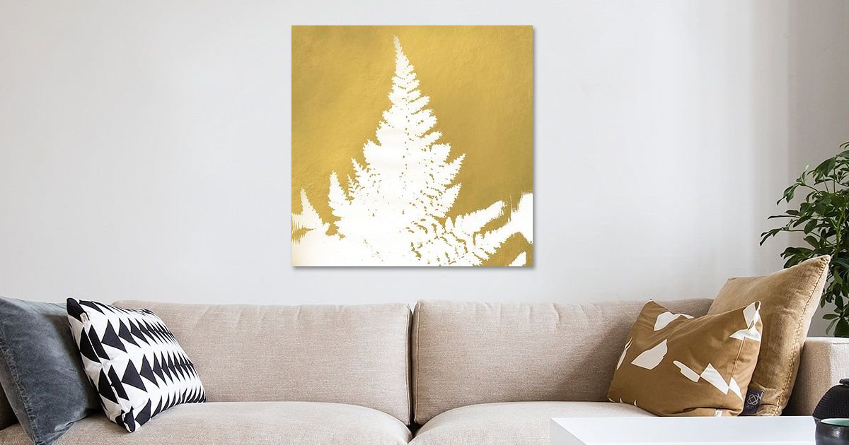 Wit varenblad op goud. Botanische illustratie. Moderne abstracte kunst van Dina Dankers op ...